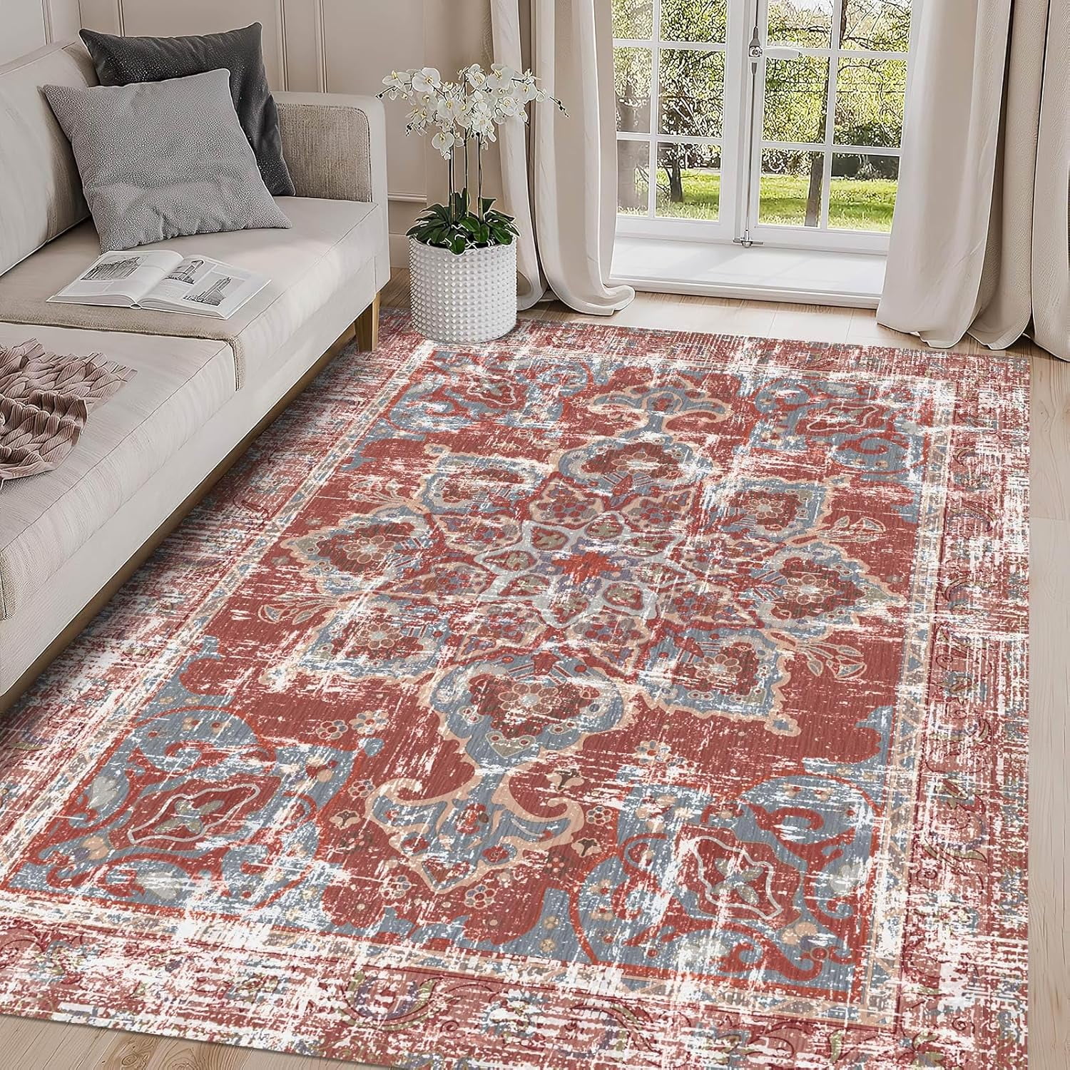 Boho Area Rugs Vintage Washable Round Dusty Pink and Green 5x5 Non Slip ...