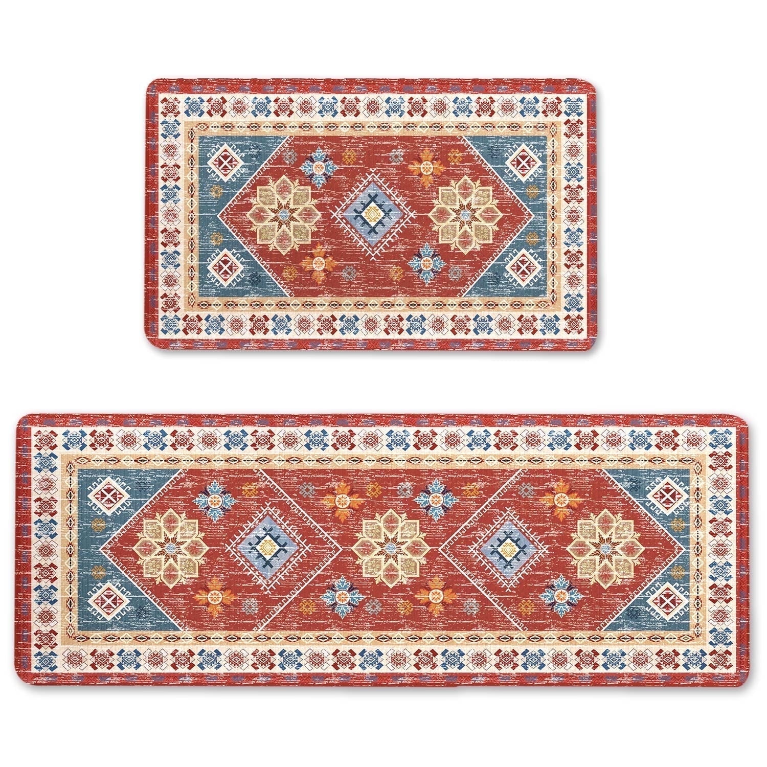 Red Boho Kitchen Rugs and Mats Set of 2, 17"x47"+17"x30" Non-Slip ...