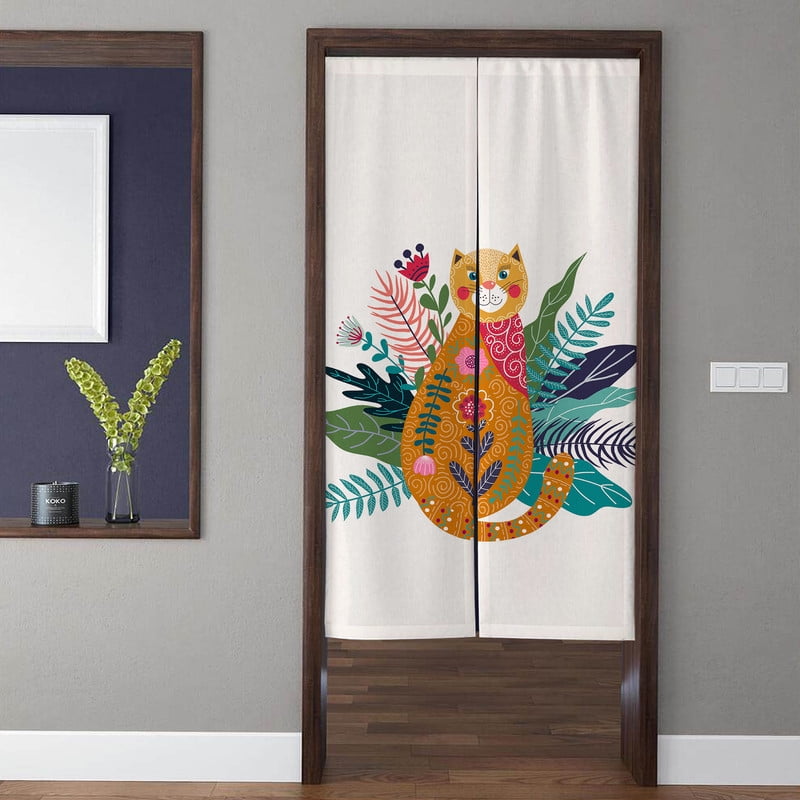 Boho Art Noren Door Curtain, Nature Landscape Leaves Abstract Kitten ...