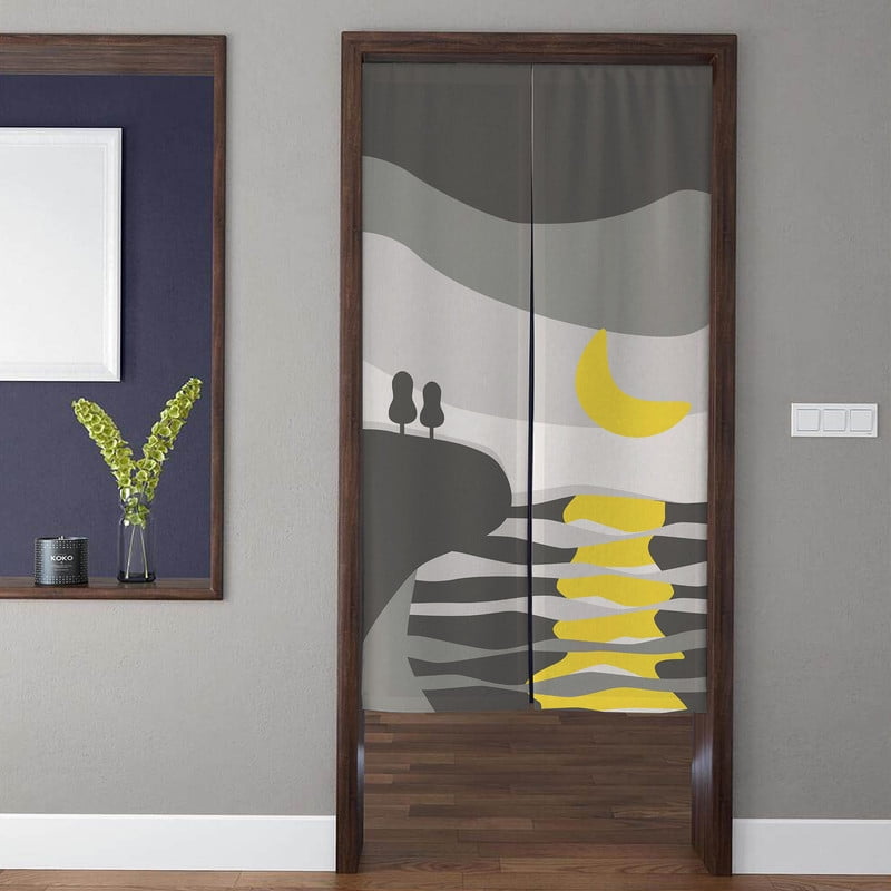 Boho Art Noren Door Curtains, Minimalist Black Gray Geometric Lines ...