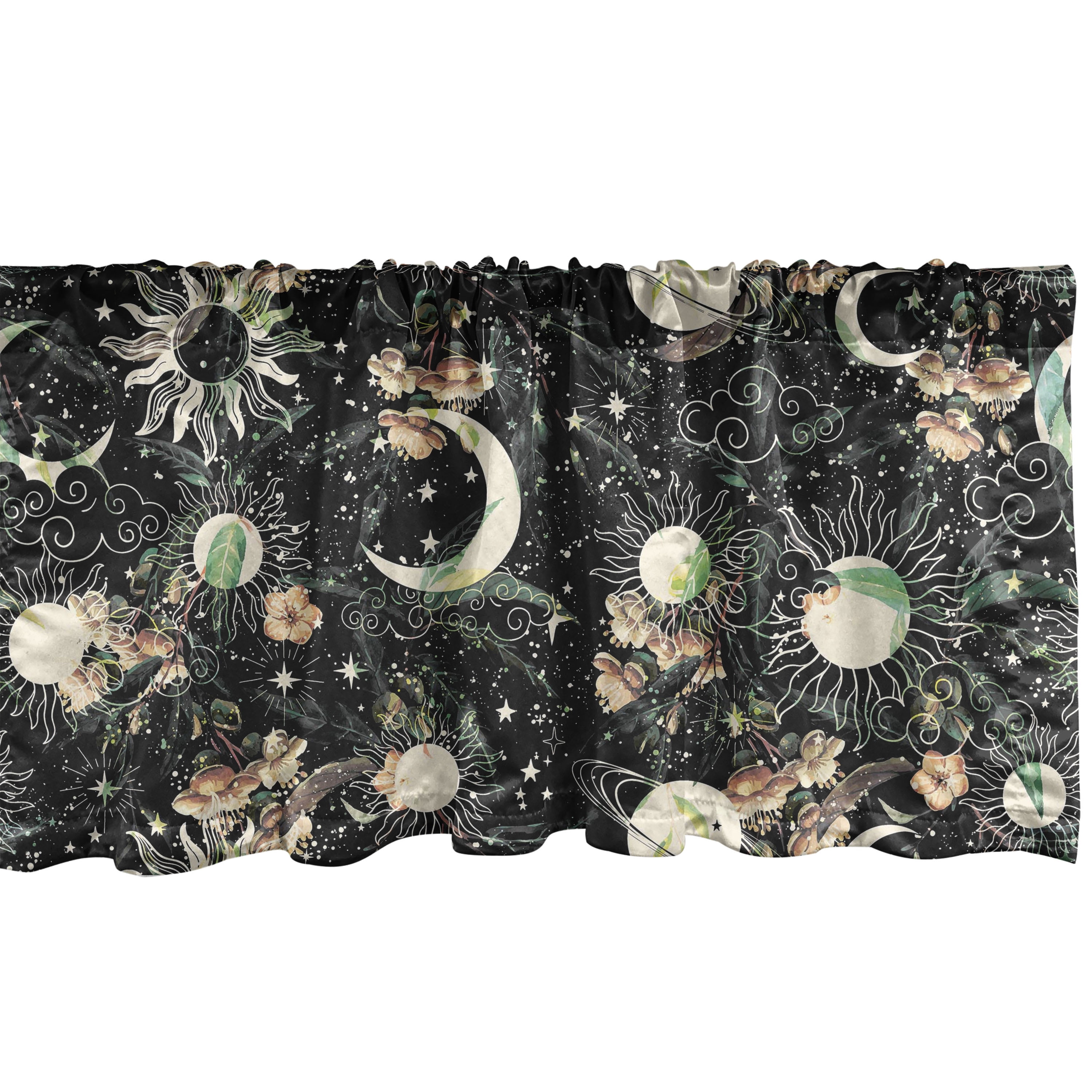 Boho Art Window Valance, Space Inspired Sun and Moon Motifs Floral ...