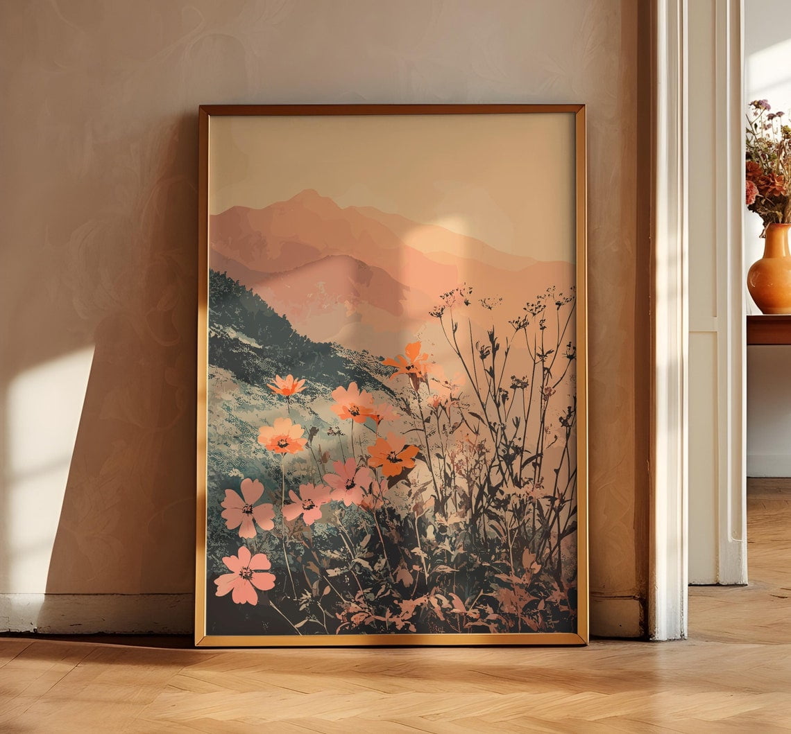 Boho Artful Floral Art, Mountain Sunset Print, Wildflower Landscape ...
