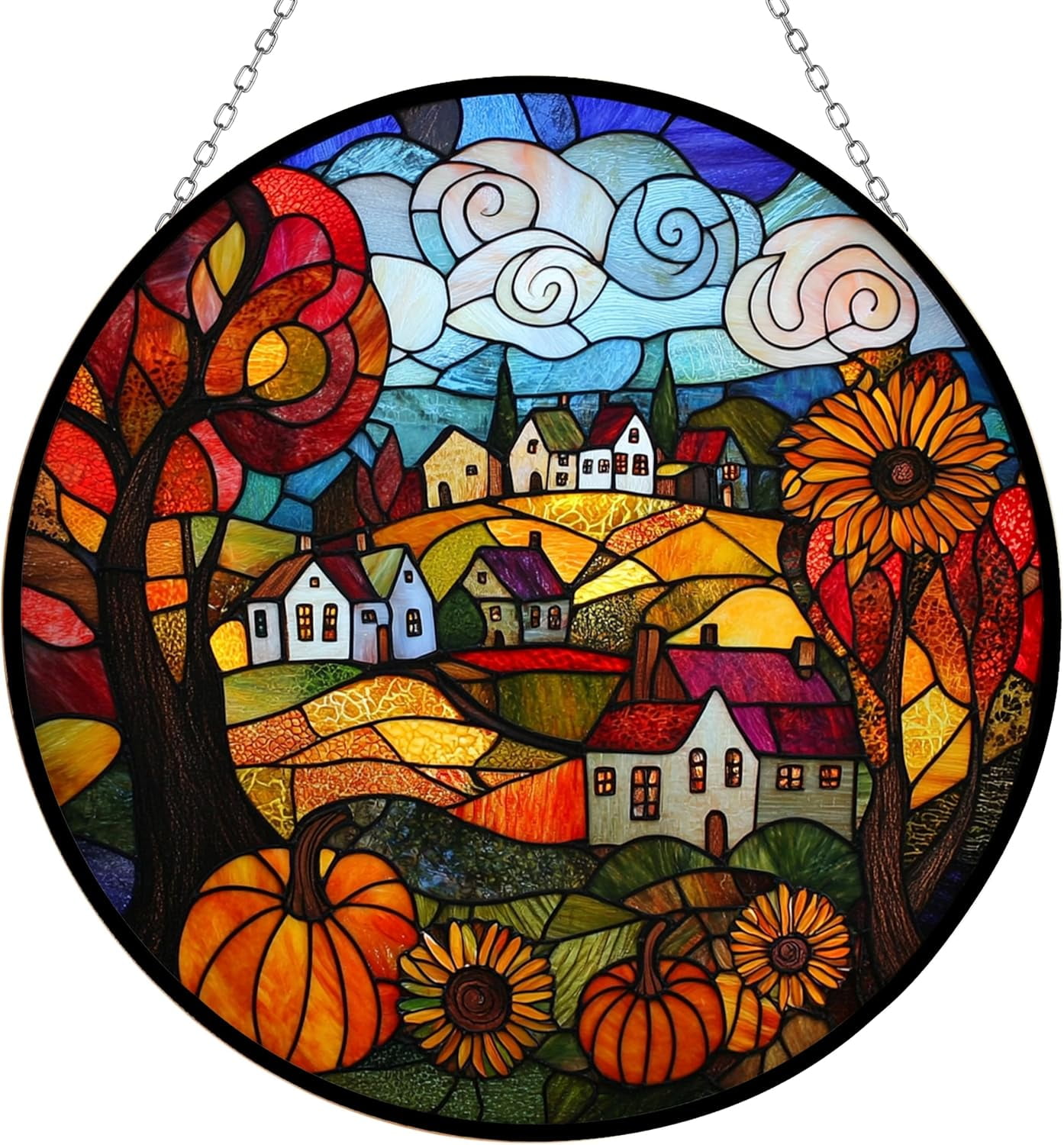 Boho Autumn Harvest Village Stained Glass Suncatcher Window Hangings ...