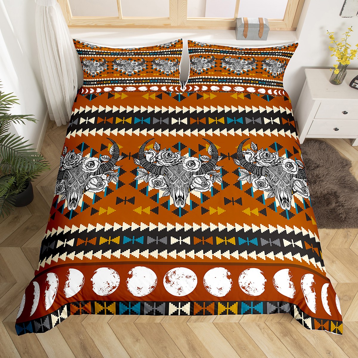 Boho Aztec Bedding Set Exotic Tribal Bull Skull Duvet Cover King ...