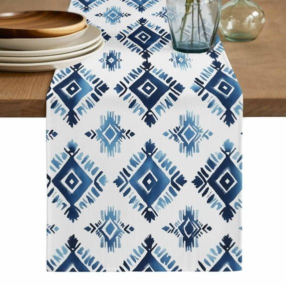 Boho Aztec Blue Table Runner, Southwest Geometric Abstract Tribal ...