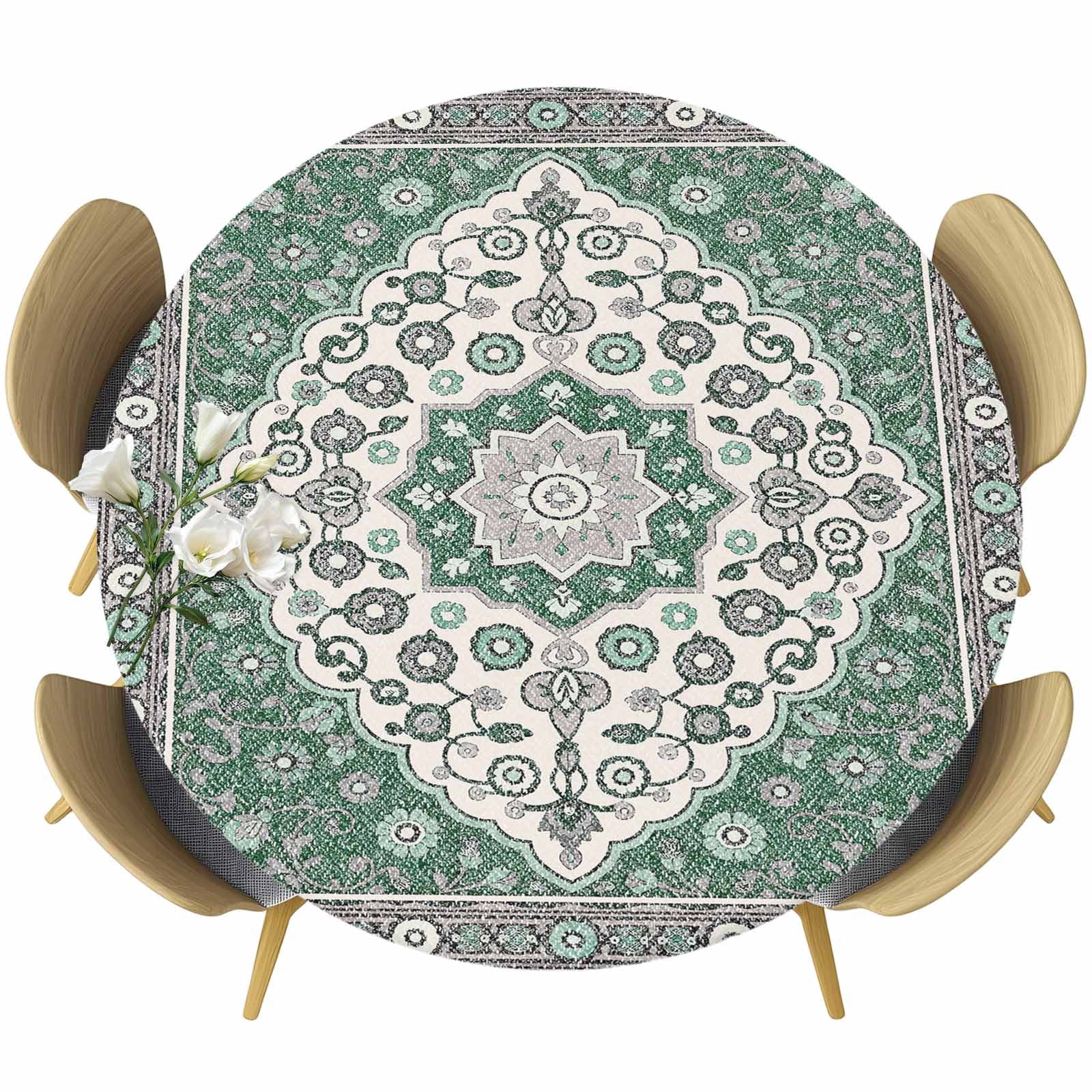 Boho Aztec Round Tablecloth, Fitted Table Cover with Elastic for 45"-54 ...