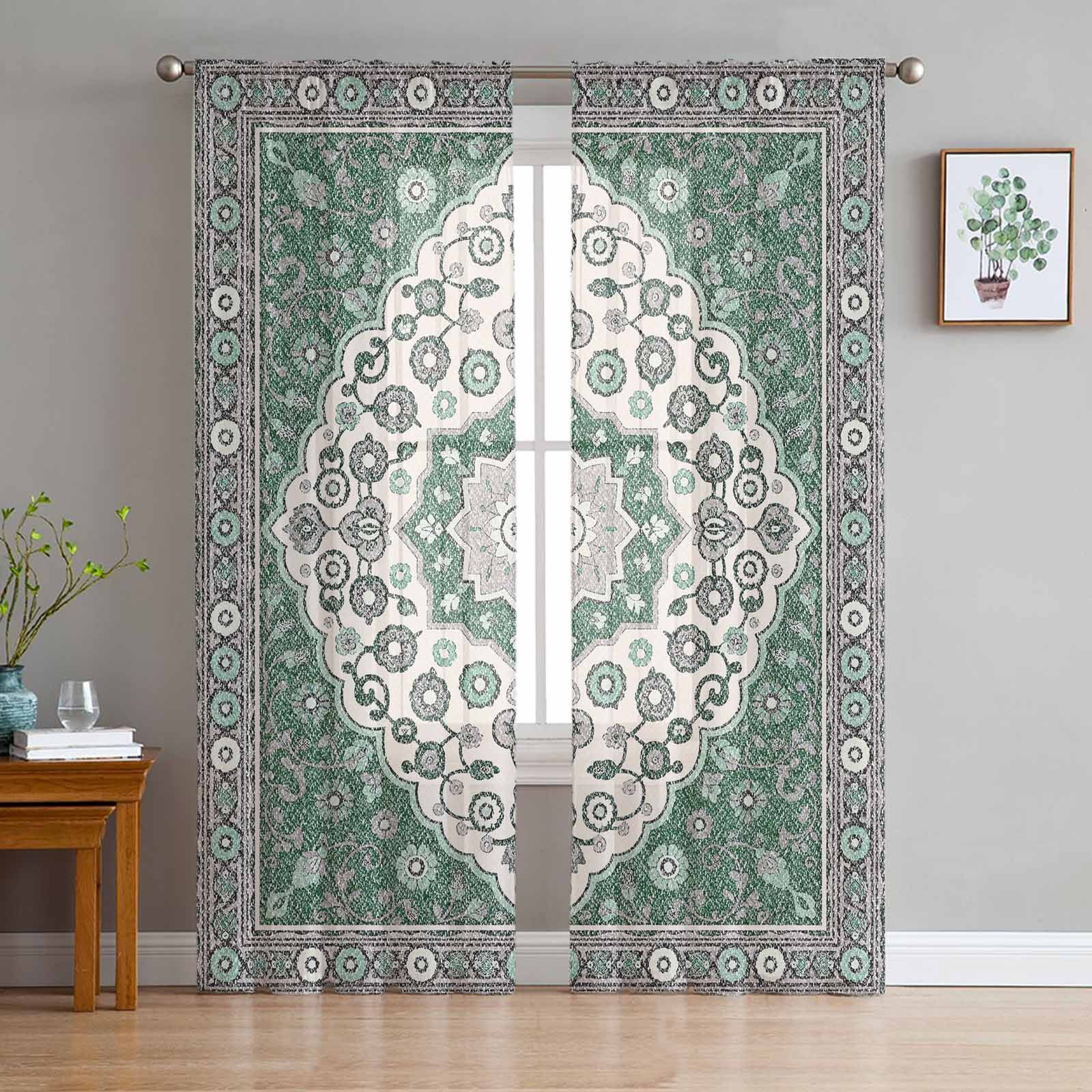 Boho Aztec Sheer Curtains 63 Inch Length 2 Panels Set, Semi Transparent ...