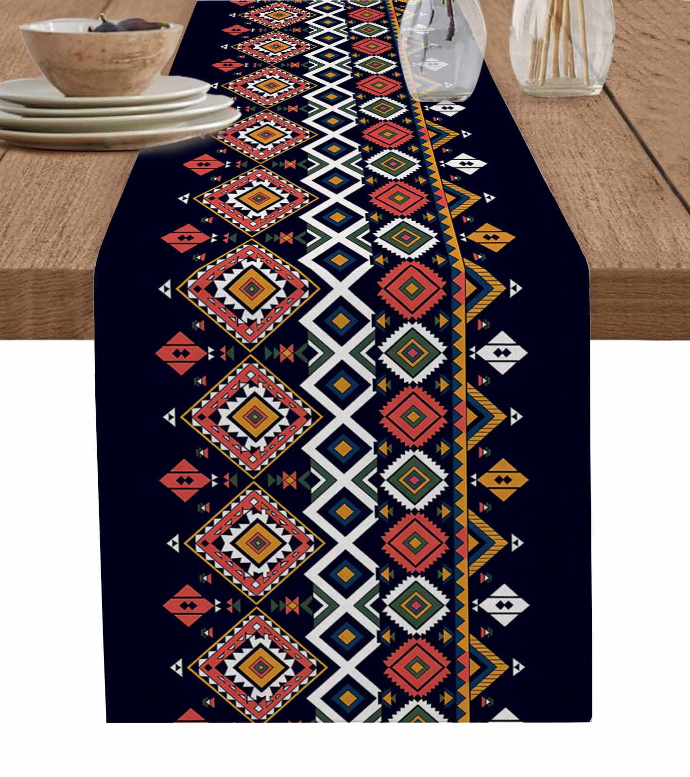 Boho Aztec Table Runner 72 Inches, Red Black Ethnic Abstract Geometric ...