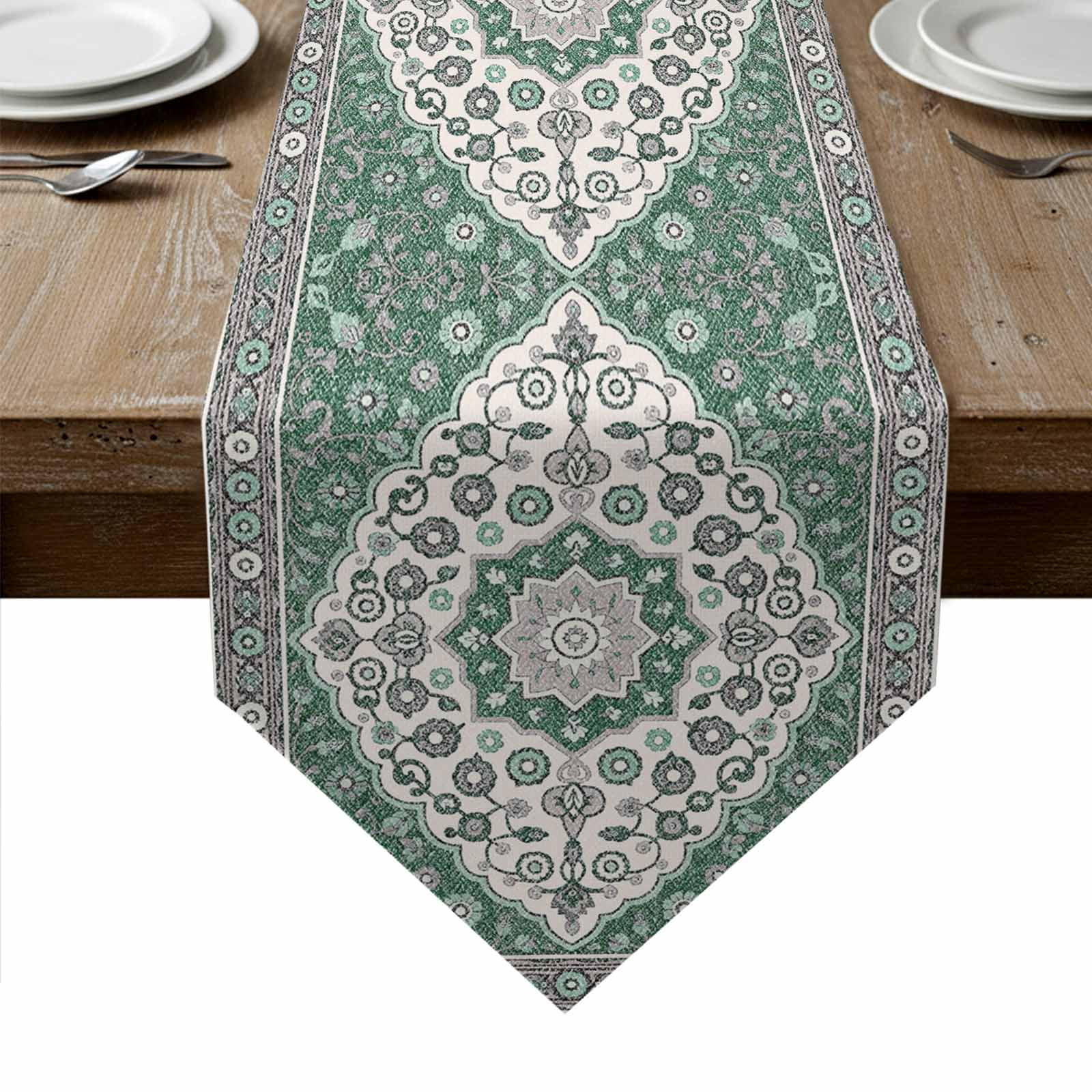Boho Aztec Table Runner Linen Burlap Table Runner 120 Inches Long Green ...