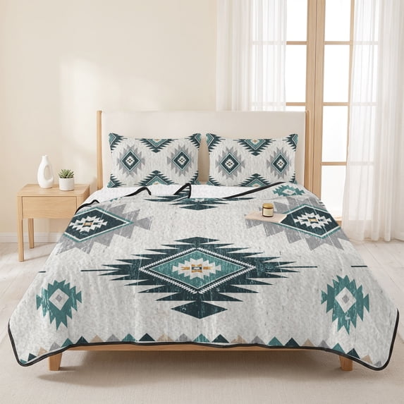 Boho Aztec Turquoise Geometric 3 Pieces Quilt Set,1 Quilt with 2 Shams ...