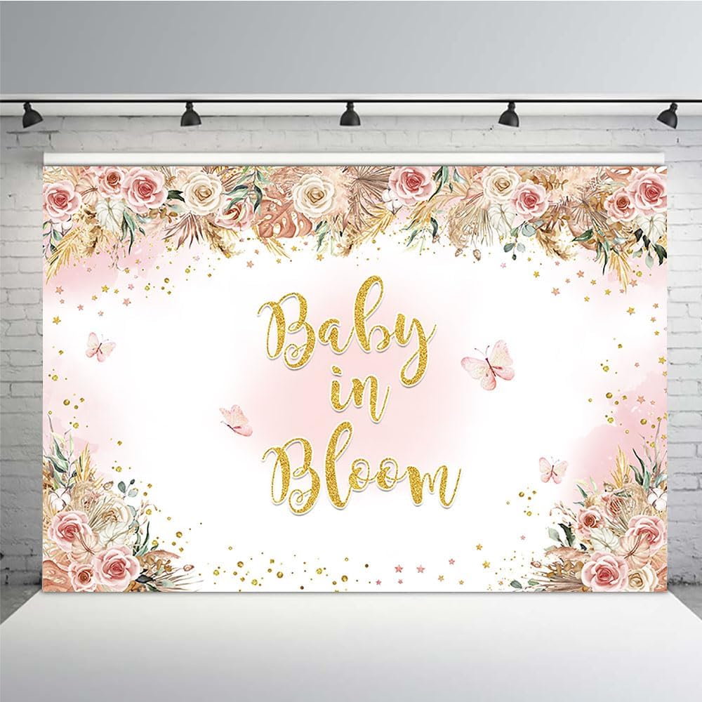 Boho Baby Shower Backdrop Baby in Bloom Pink Florals Butterflies Pampas Grass Oh Baby ...