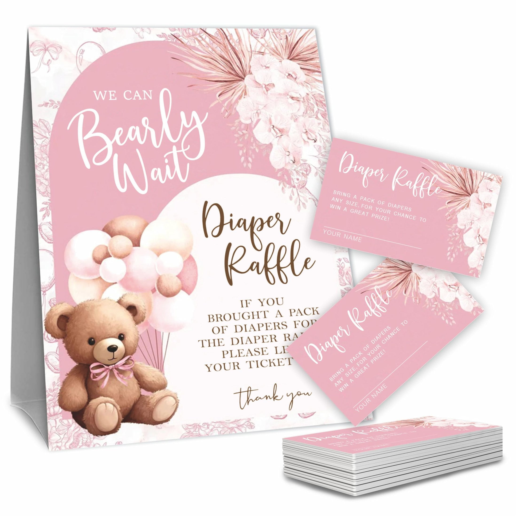 Boho Baby Shower Raffle Kit with Pink Bear Balloons, Includes 50 Raffle ...