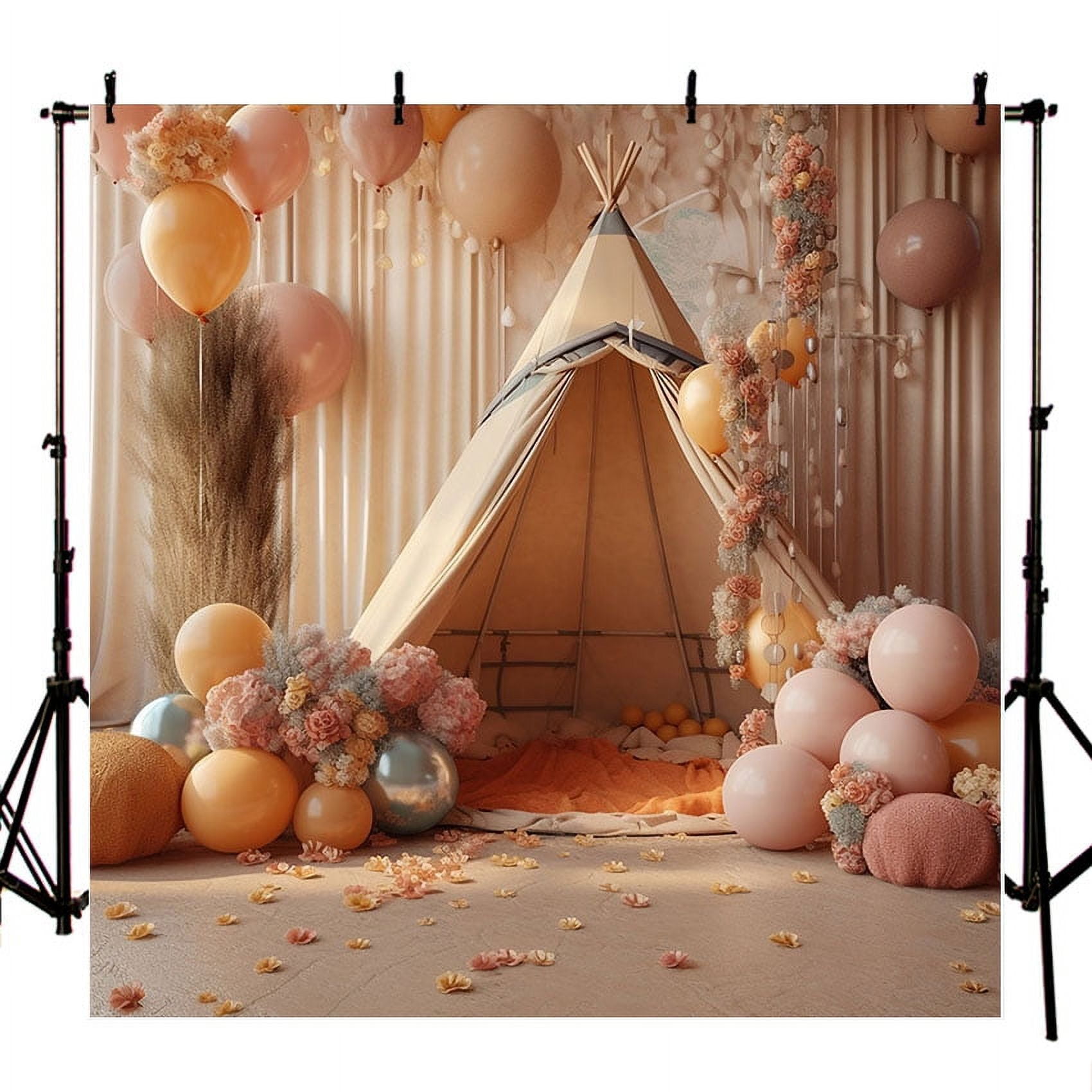 Boho Balloon Tent Floral Girl 1st Birthday Party Cake Smash Portrait r ...