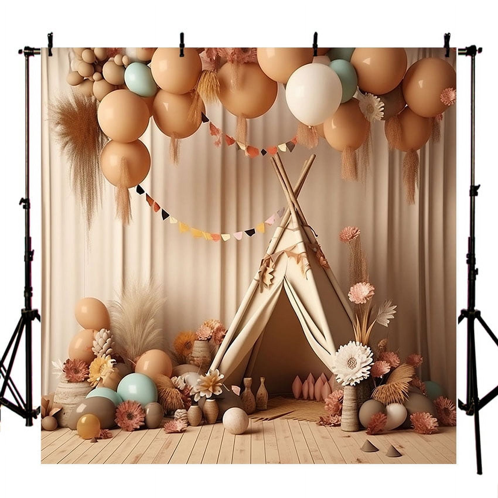 Boho Balloon Tent Floral Girl 1st Birthday Party Cake Smash Portrait r ...