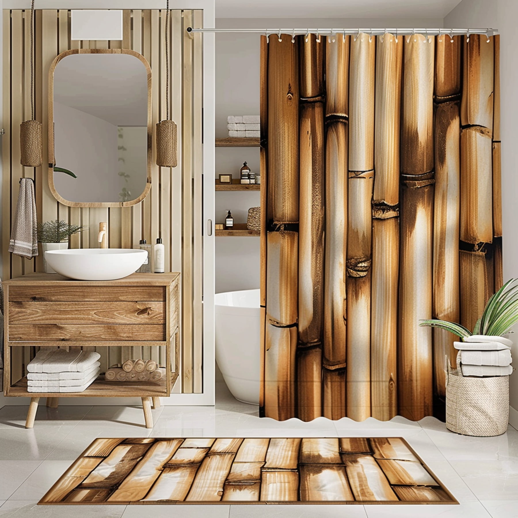 Boho Bamboo Bathroom Set with Nature Inspired Decor and Wooden Accents ...