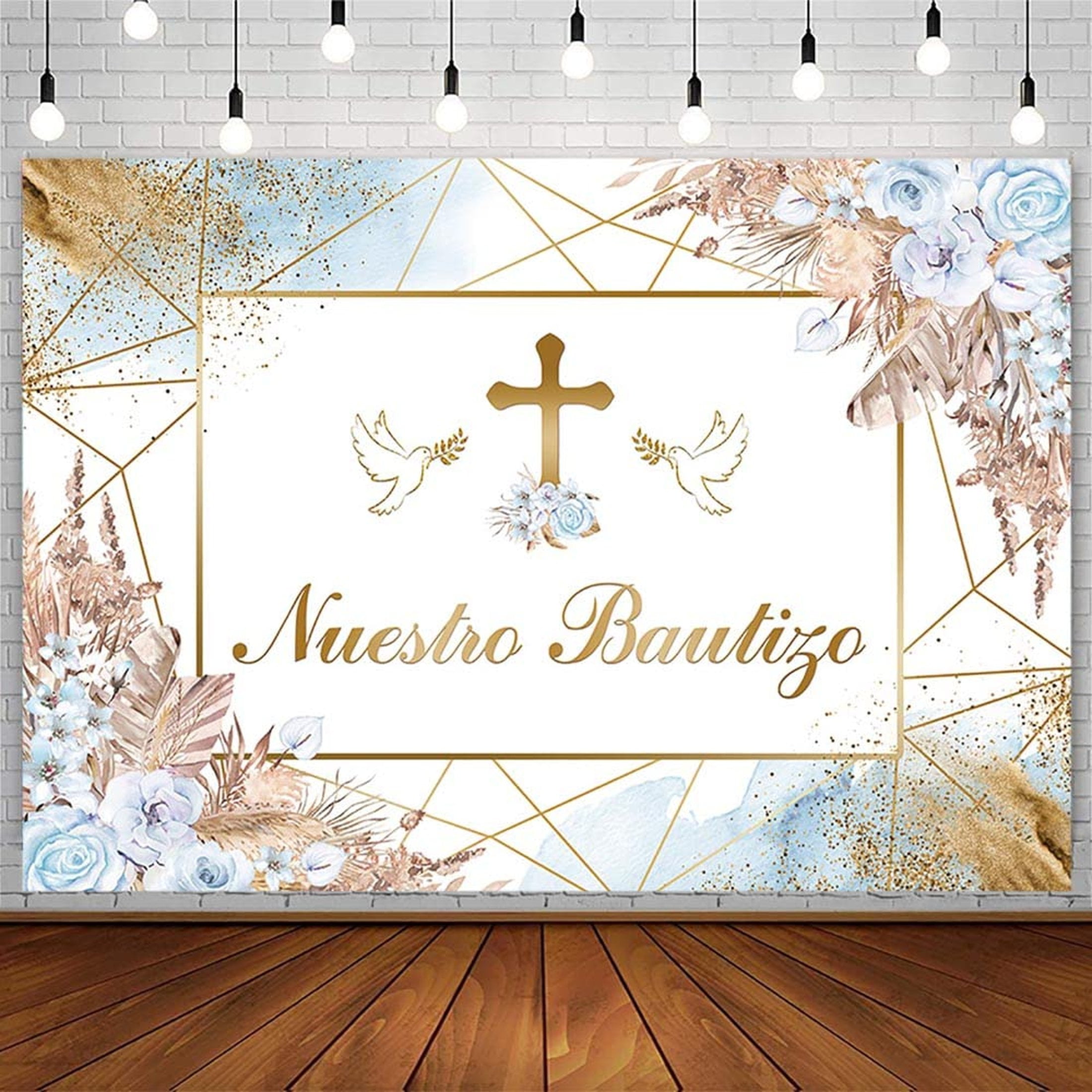 Boho Baptism Backdrop 8x6ft Blue Floral Pampas Photography Banner for ...