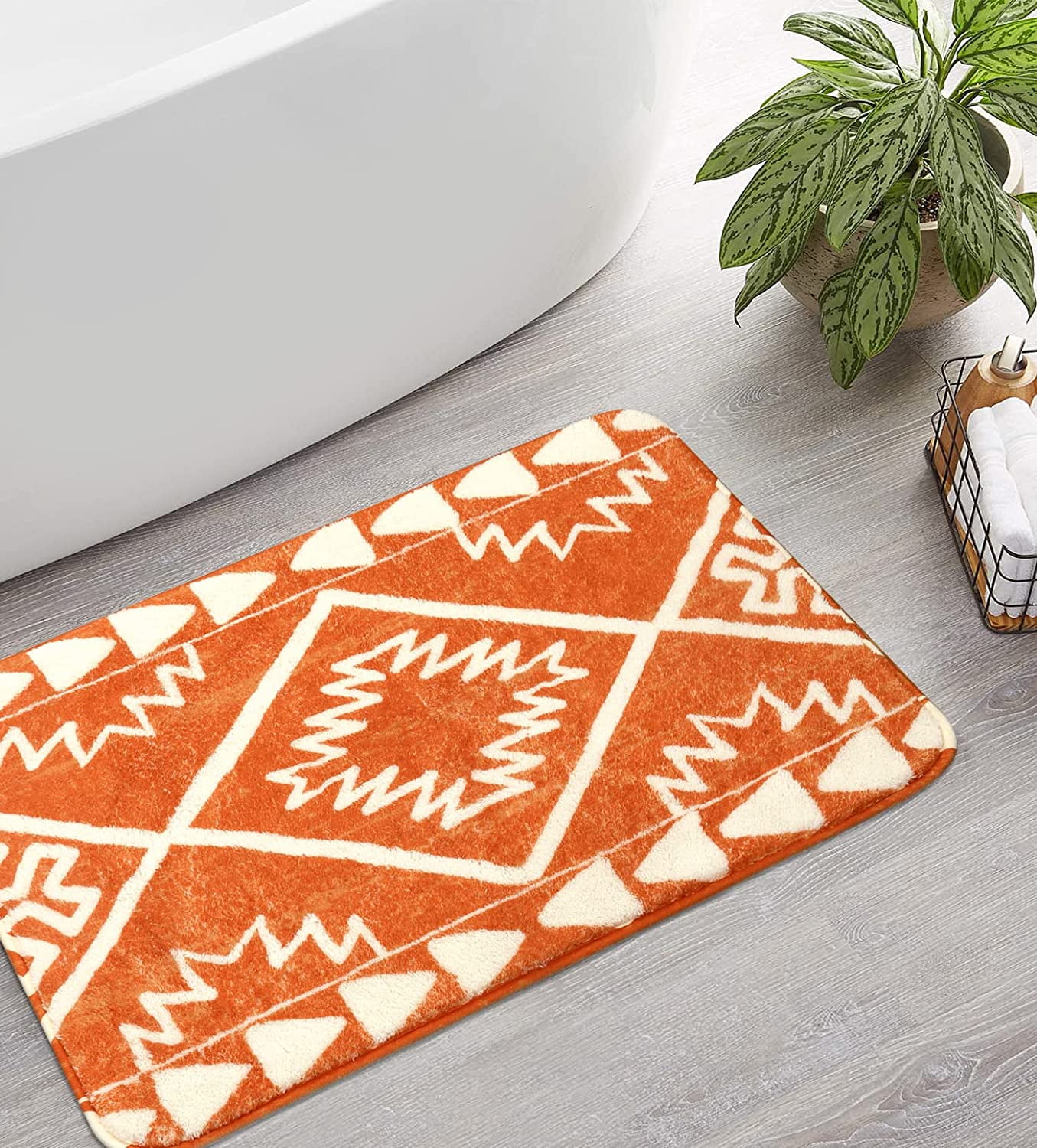 Boho Bath Mat Orange Farmhouse Cute Bathroom Rugs Washable Non Slip ...
