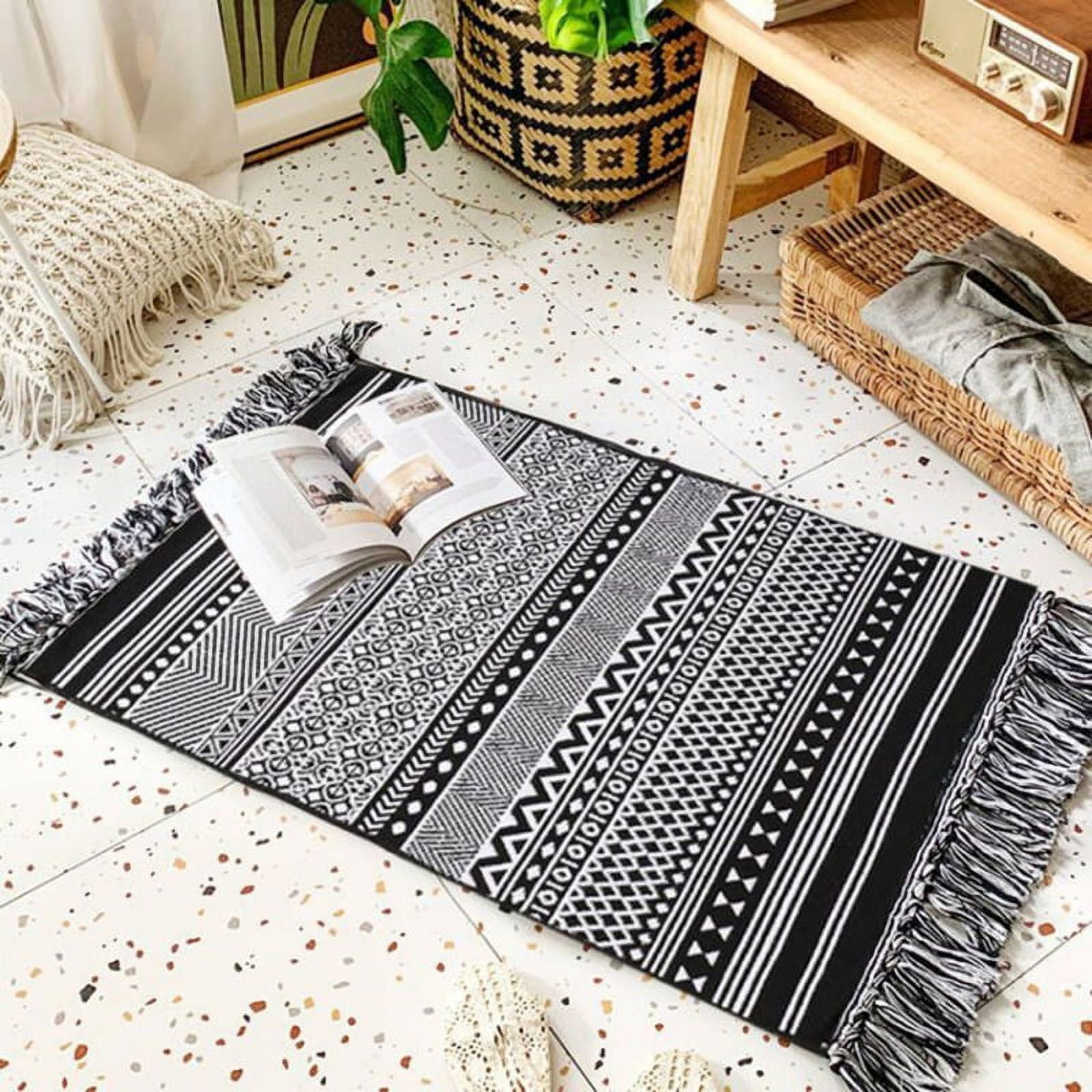 Boho Bathroom Rug, Black White Small Kitchen Rug with Tassel, Farmhouse ...