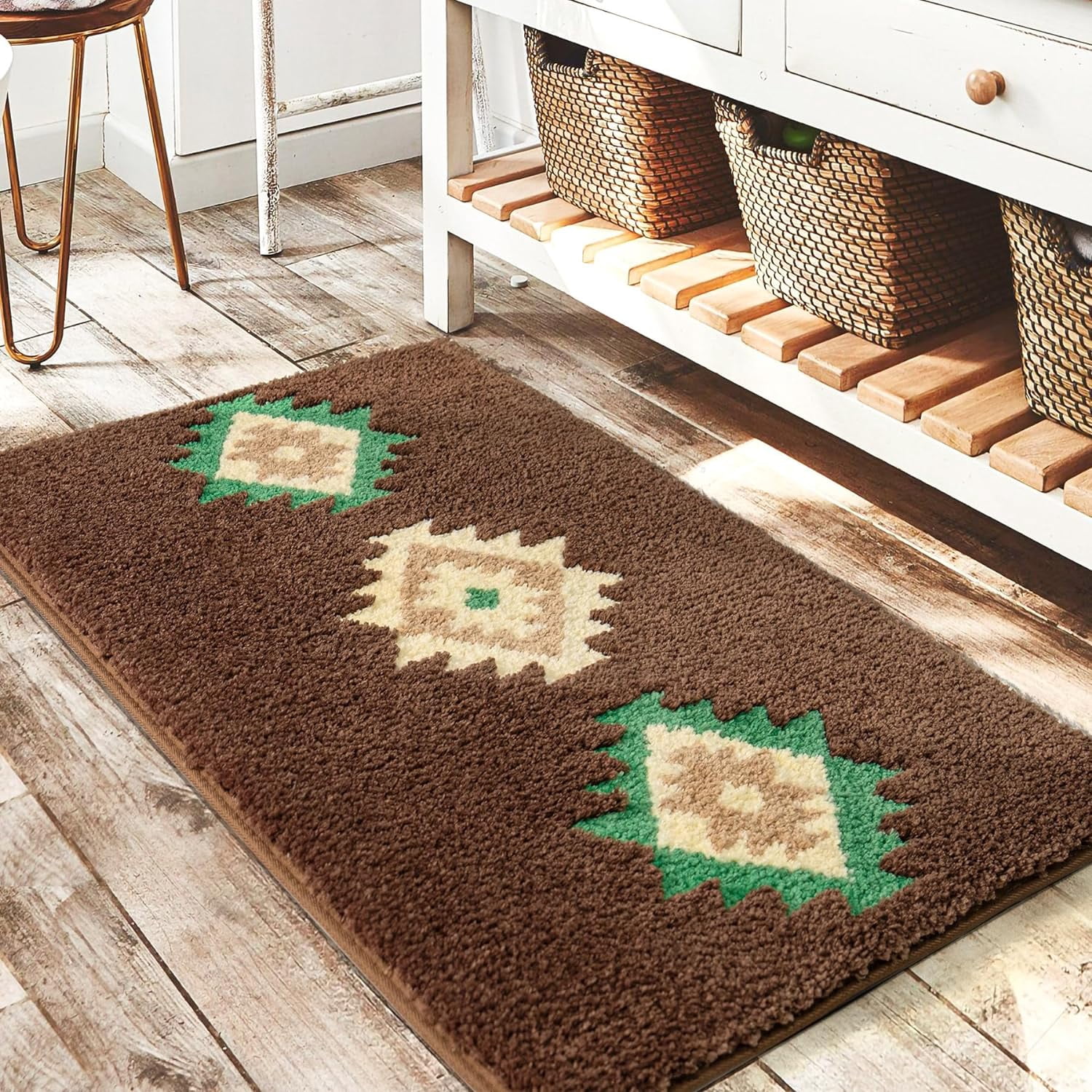 Boho Bathroom Rugs Brown Aztec Bath Mat Non Slip Western Geometric Bath ...