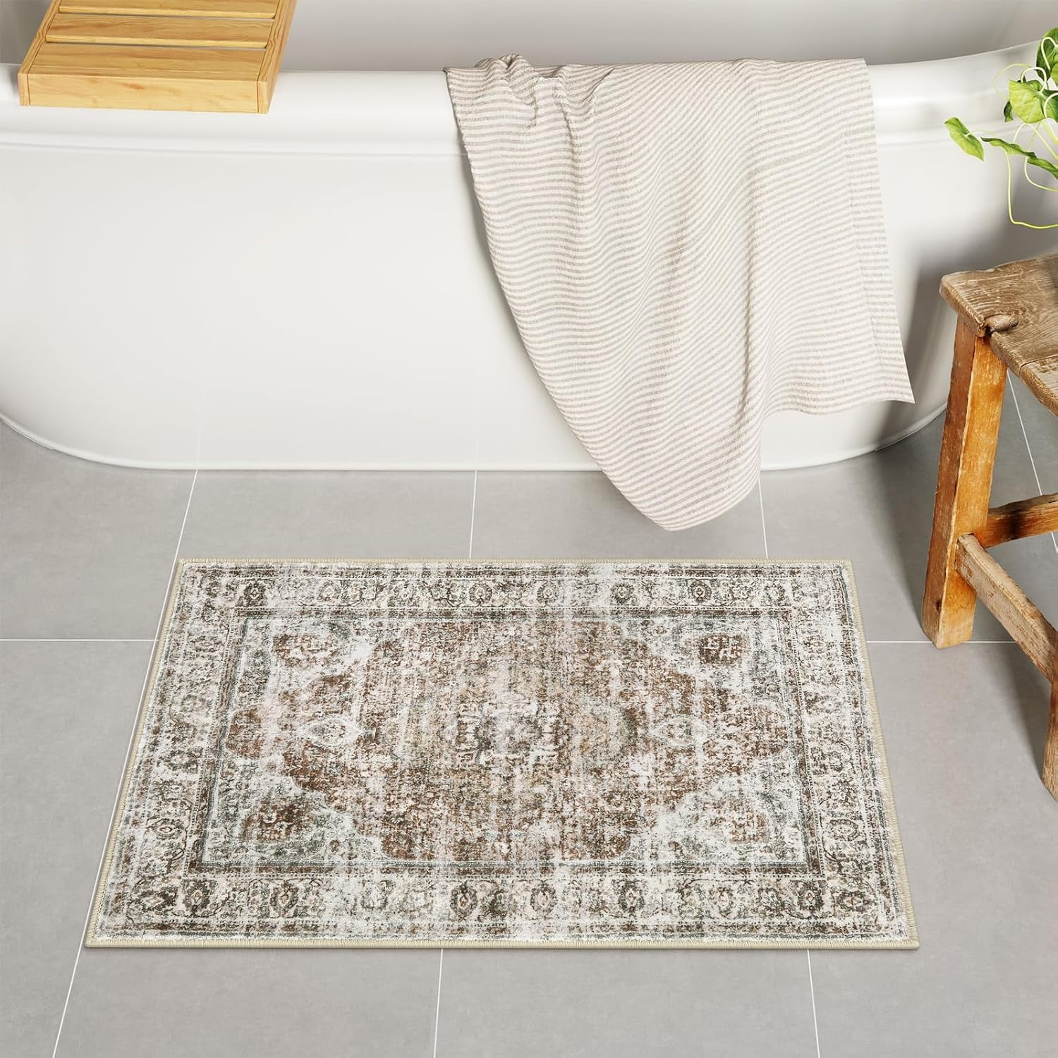 Boho Bathroom Rugs, Distressed Farmhouse Khaki Bath Mat, Comfy Velvet ...