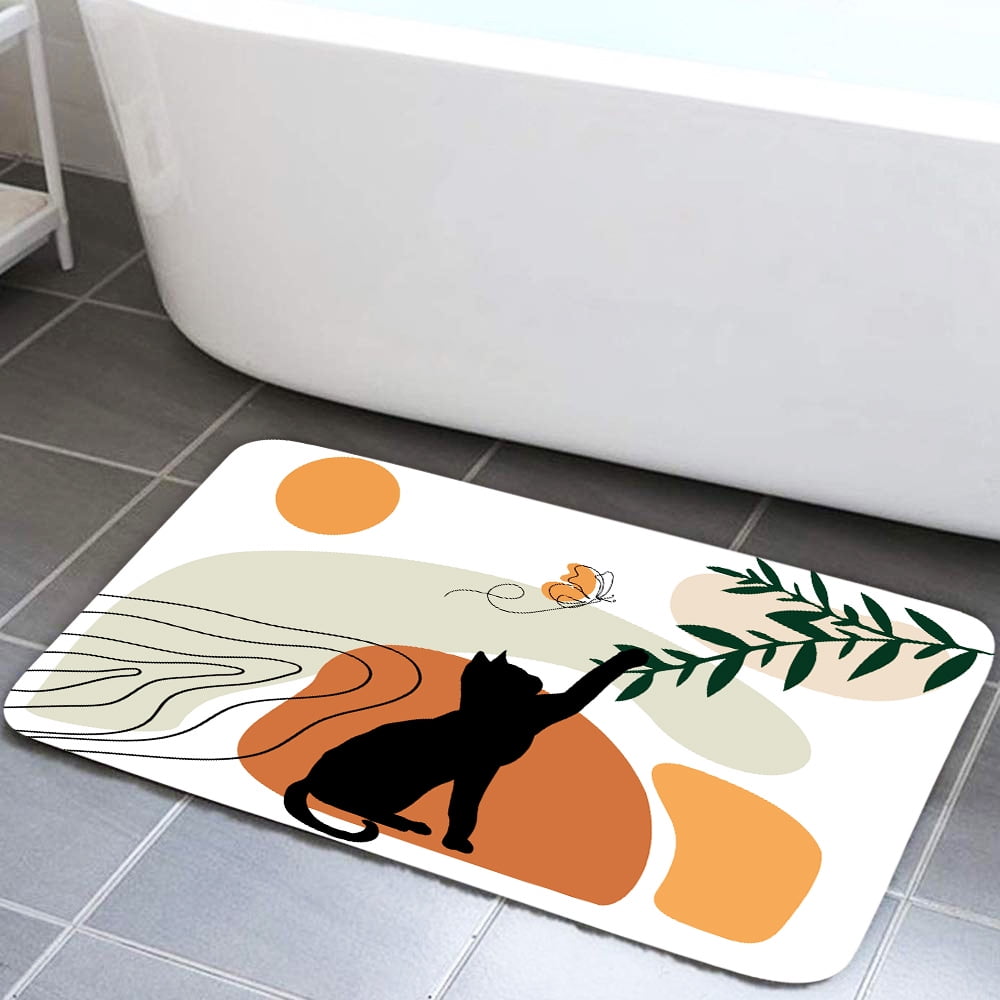 Boho Bathroom Rugs,Funny Cat Green Plant Bath Mat Non-Slip Abstract ...