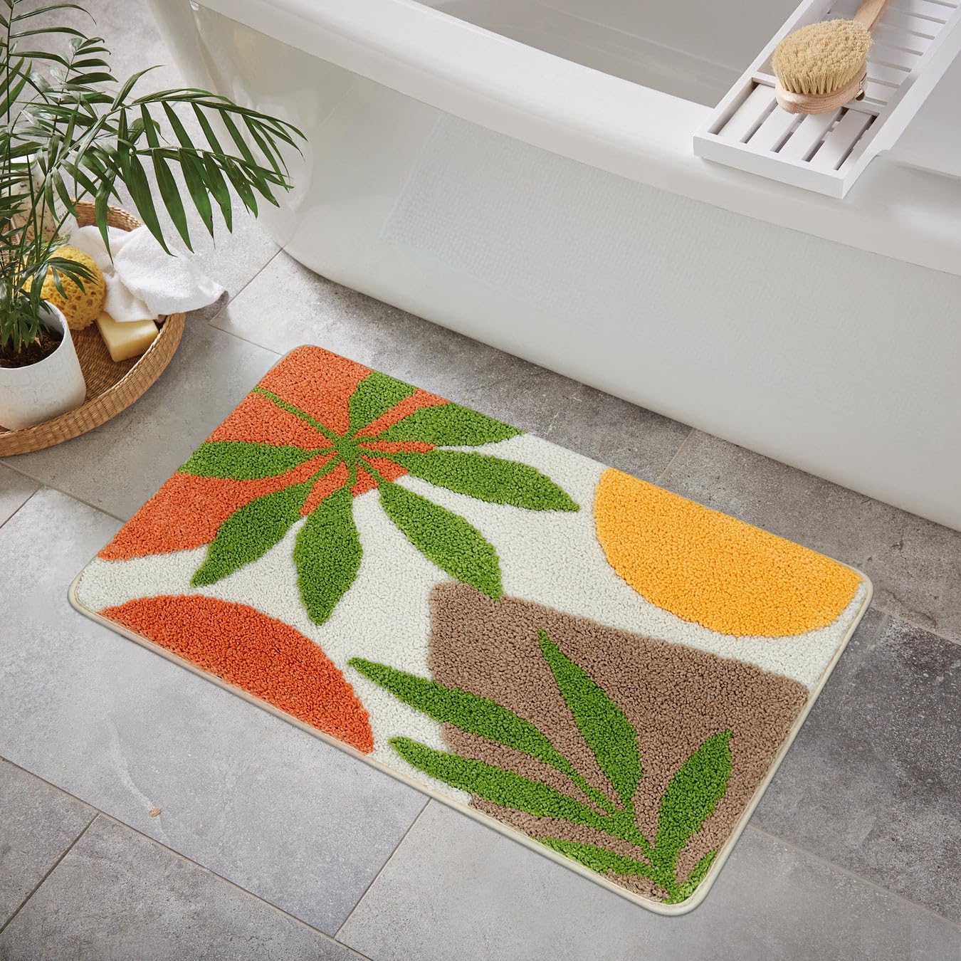 Boho Bathroom Rugs Orange Modern Abstract Leaves Bath Mat Non Slip ...