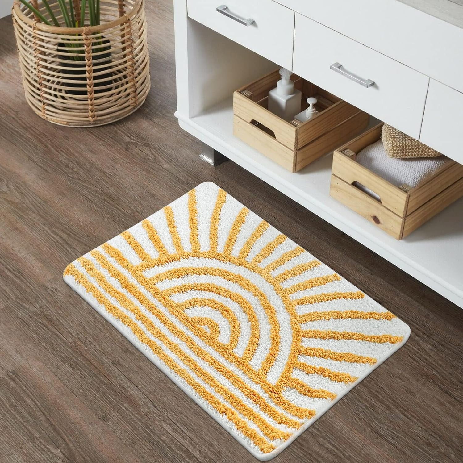 Boho Bathroom Rugs Yellow and White Sun Bath Mat Non Slip Water ...