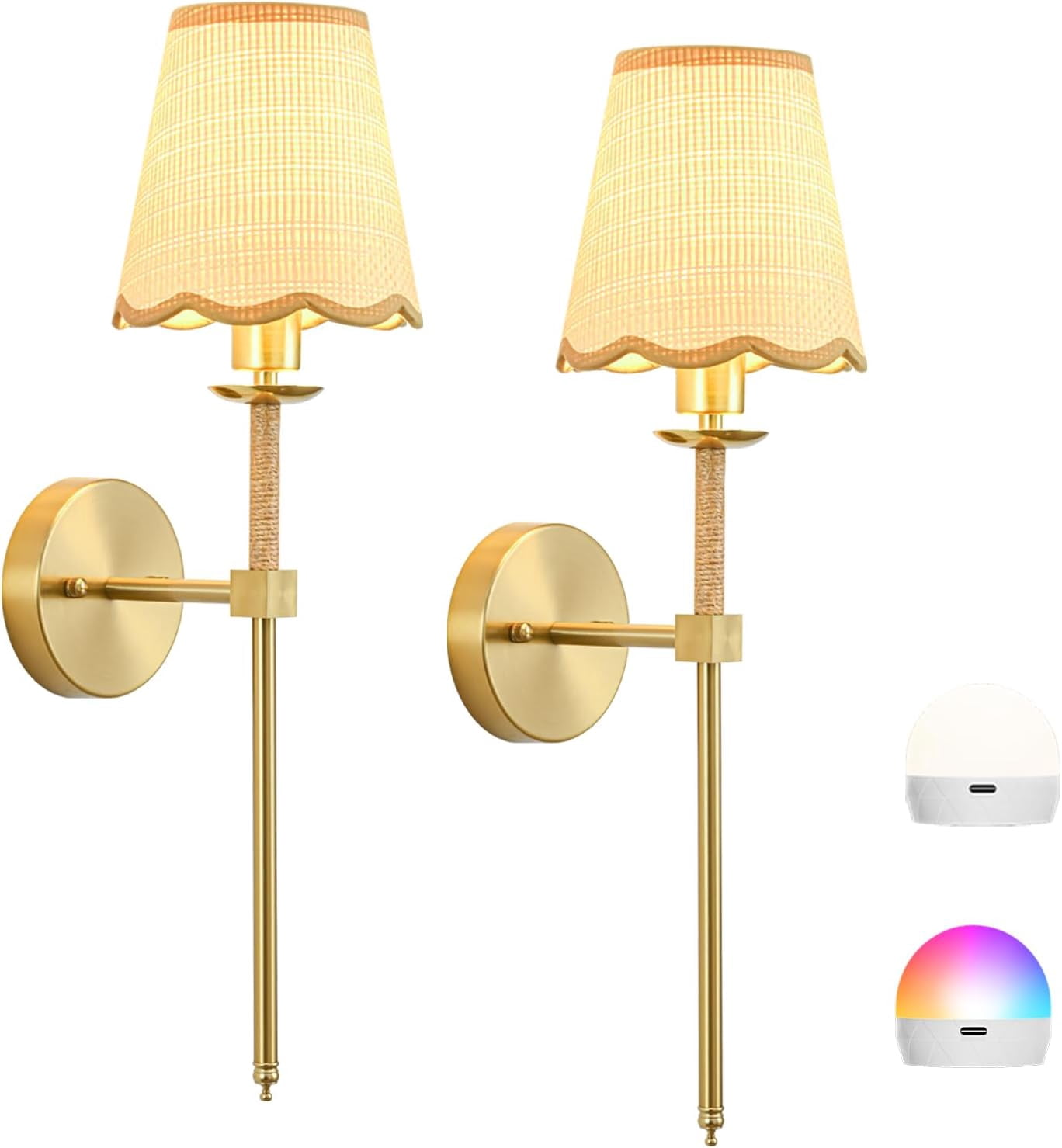 Boho Battery Operated Wall Sconce Set of 2, Gold Wireless Rechargeable ...