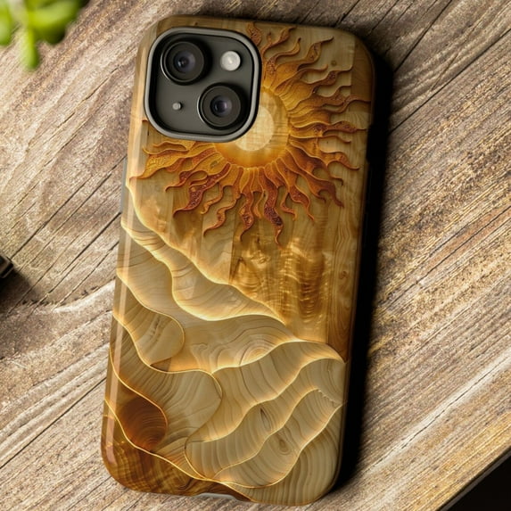 Boho Beach Art Faux Wood Sun and Ocean Waves with iPhone 17 to 11 Pro ...