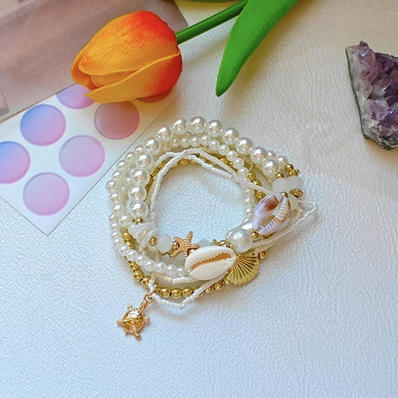 Boho Beach Bracelet Set 7 Layer Gold Tone Shell Starfish Beaded Stretch ...