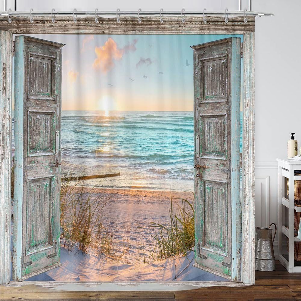 Boho Beach Coastal Shower Curtain, Teal Ocean Sunrise Seaside Seascape ...
