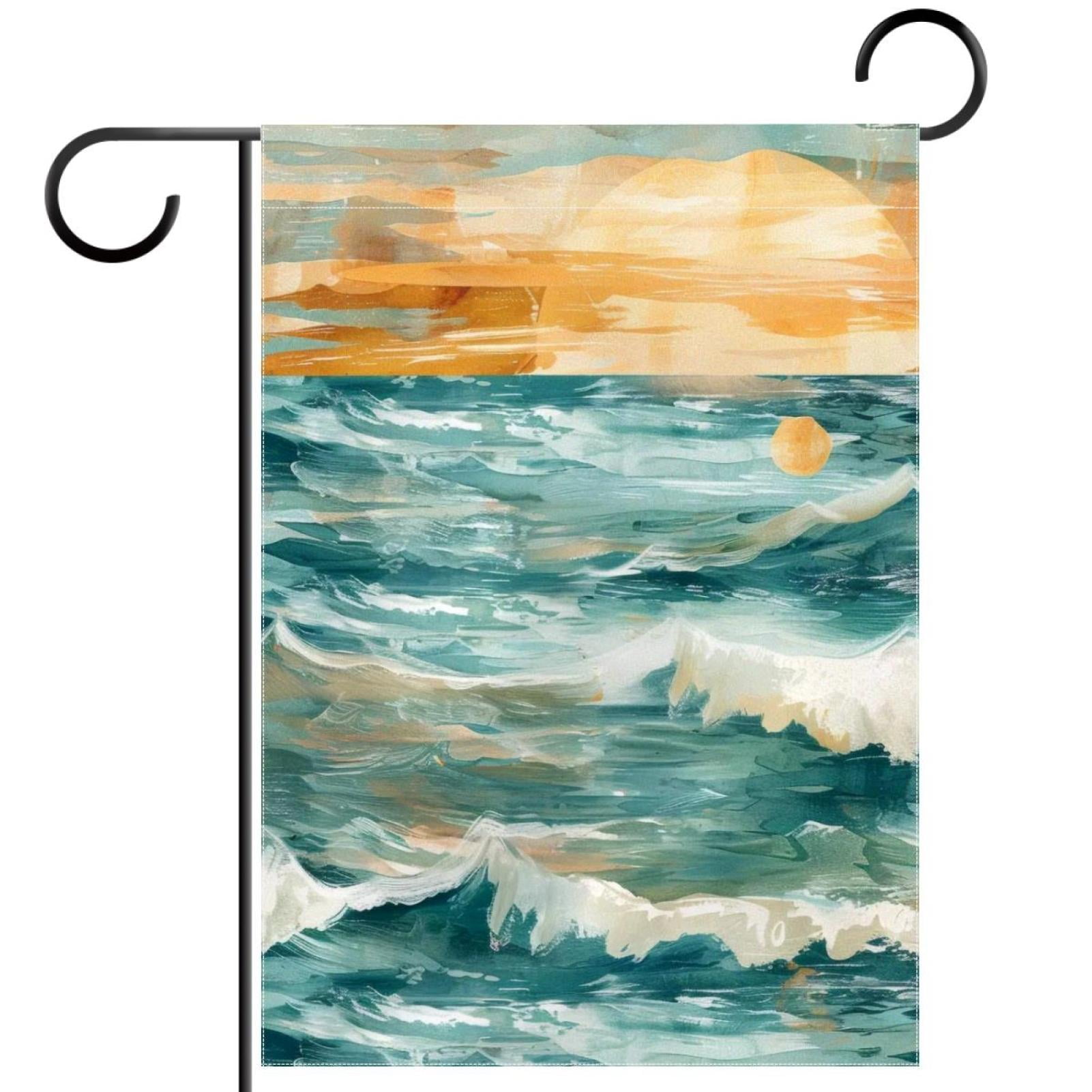 Boho Beach Coastal Teal Ocean Sunrise Pattern Garden Flag Double Sided ...