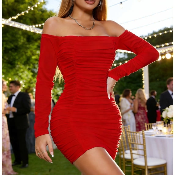 Boho Beach Dresses New Women's Off-Shoulder Long-Sleeved Pleated ...