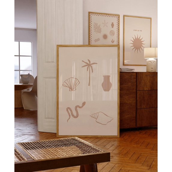Boho Beach Print, Coastal Trendy Wall Art, Abstract Shell Coral Doodle ...