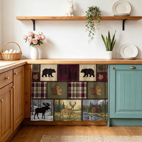 Boho Bear Deer Cabinet Curtains 28" W x 35" L, Rustic Cabin Country ...