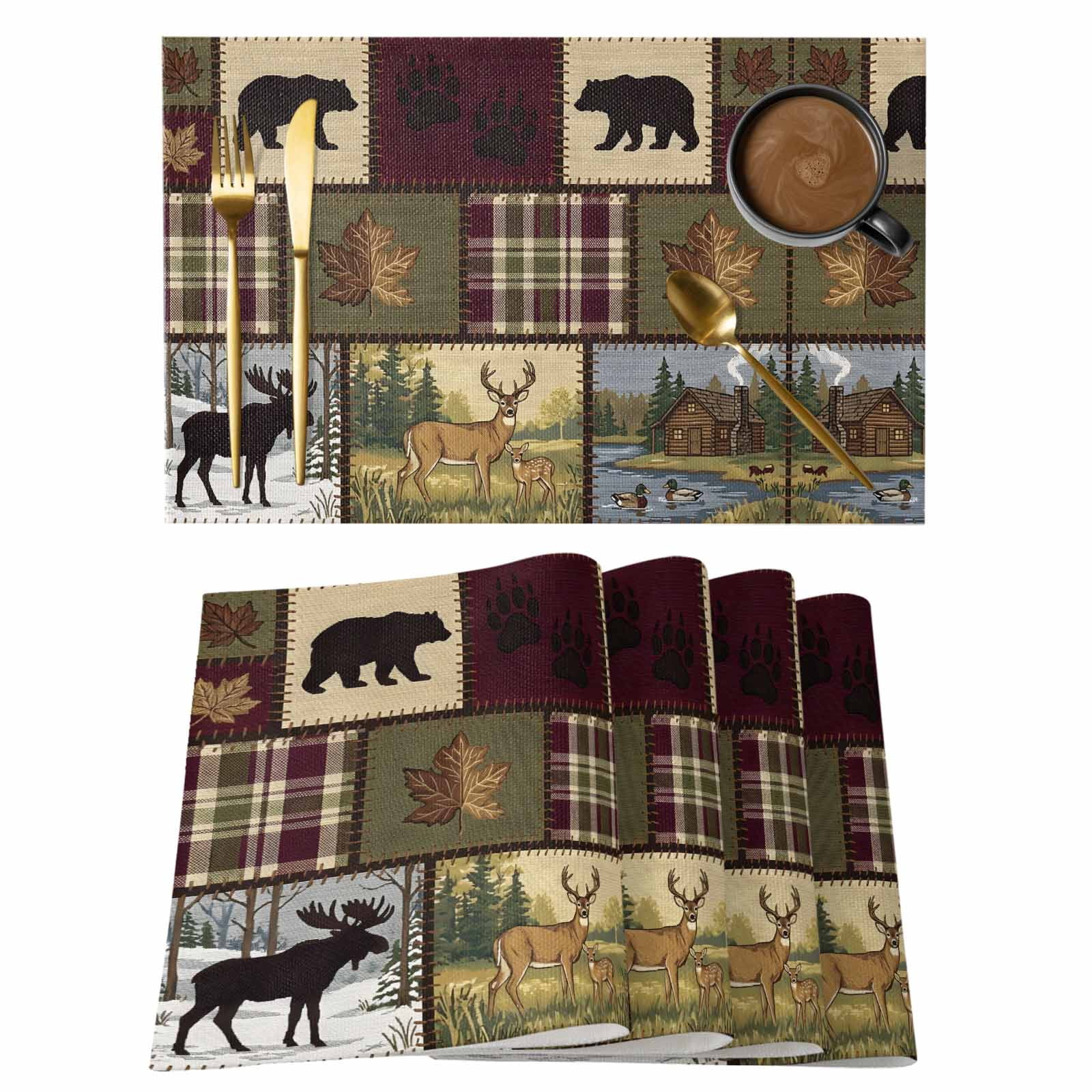 Boho Bear Deer Cotton Linen Placemats Set of 12, Rustic Cabin Country ...