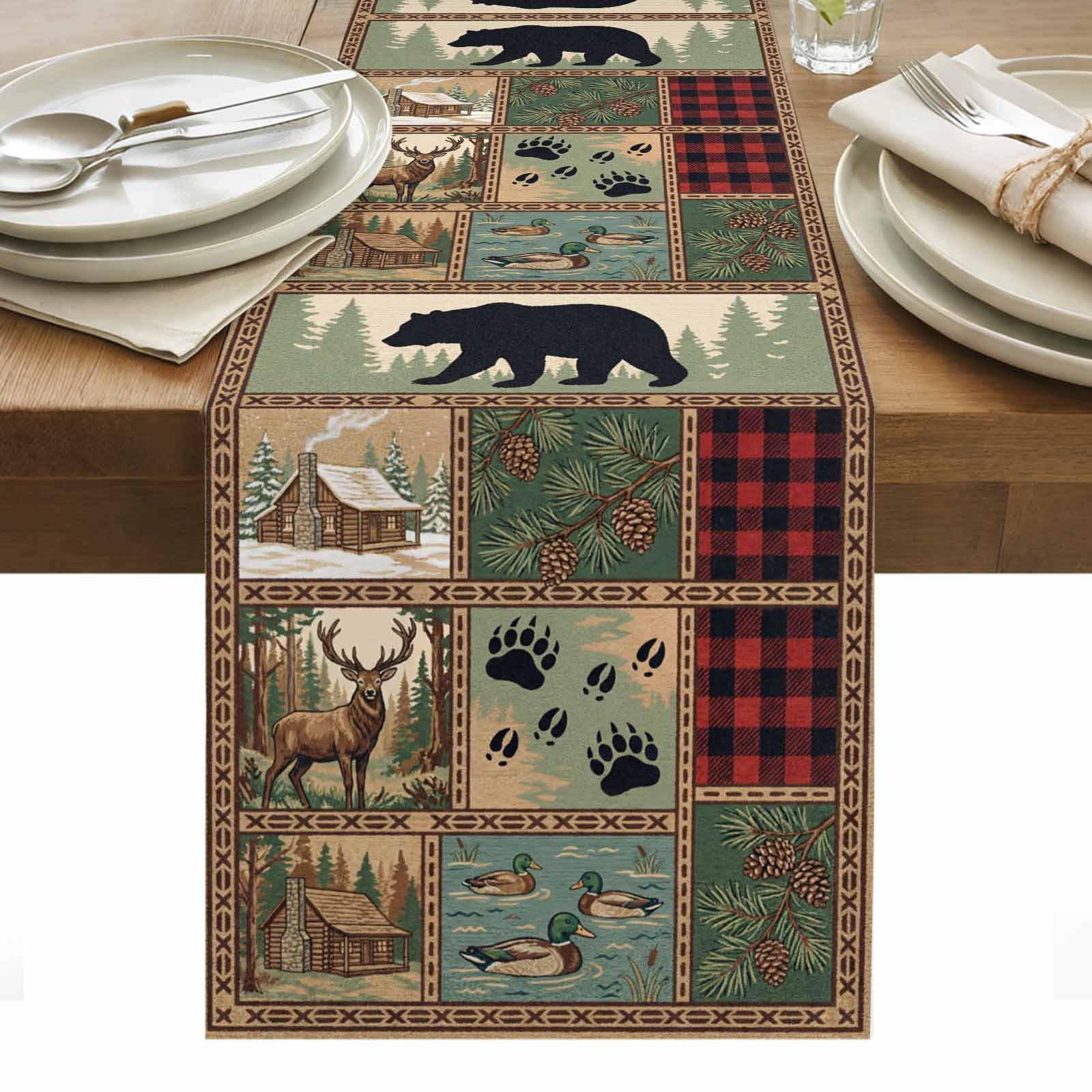 Boho Bear Deer Table Runner Farmhouse Country House Barn Plaid ...
