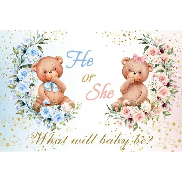 Boho Bear Gender Reveal Backdrop Glitter Stars Floral He or She Party ...