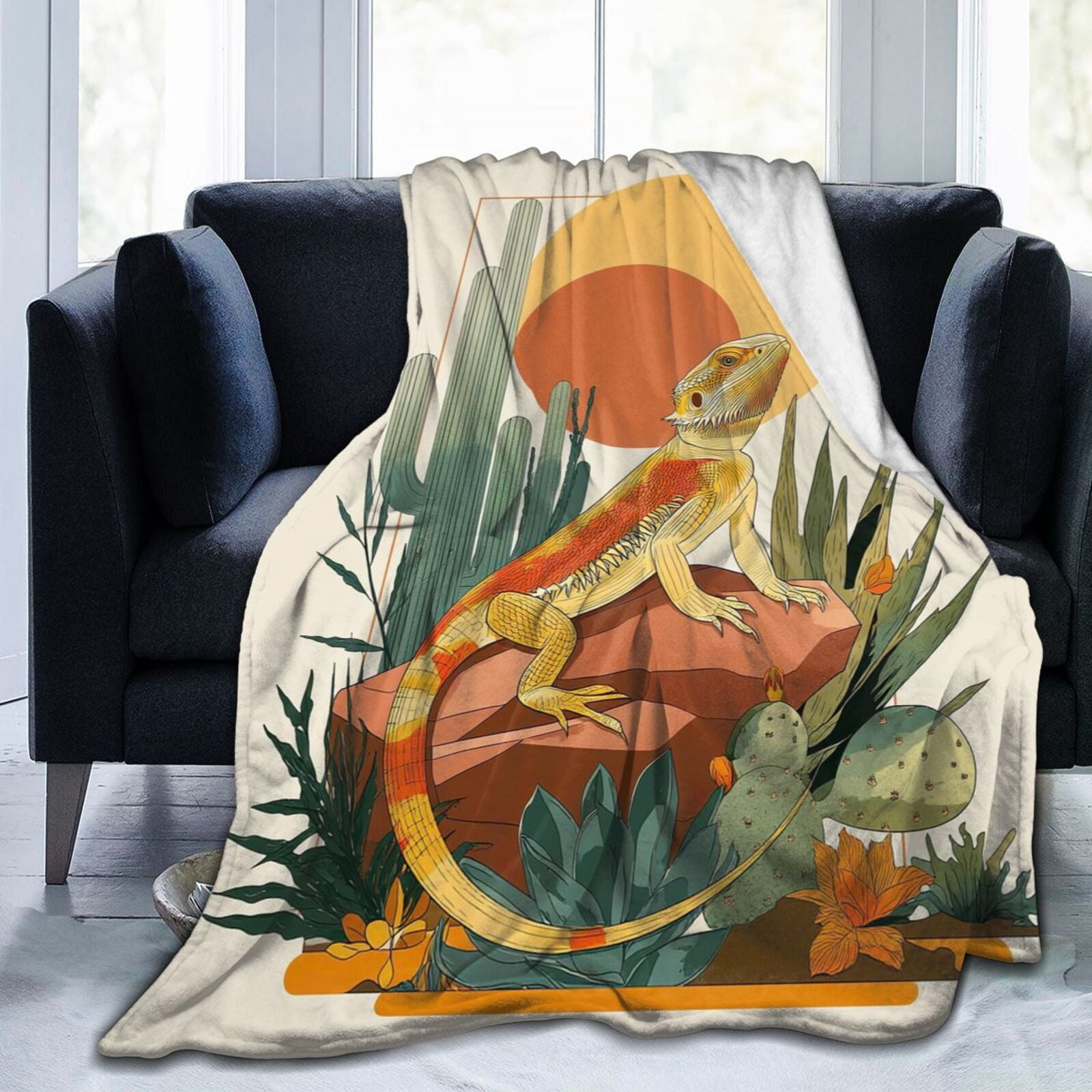 Boho Bearded Dragon Throw Blanket – Desert Cactus Fleece Throw, Soft ...
