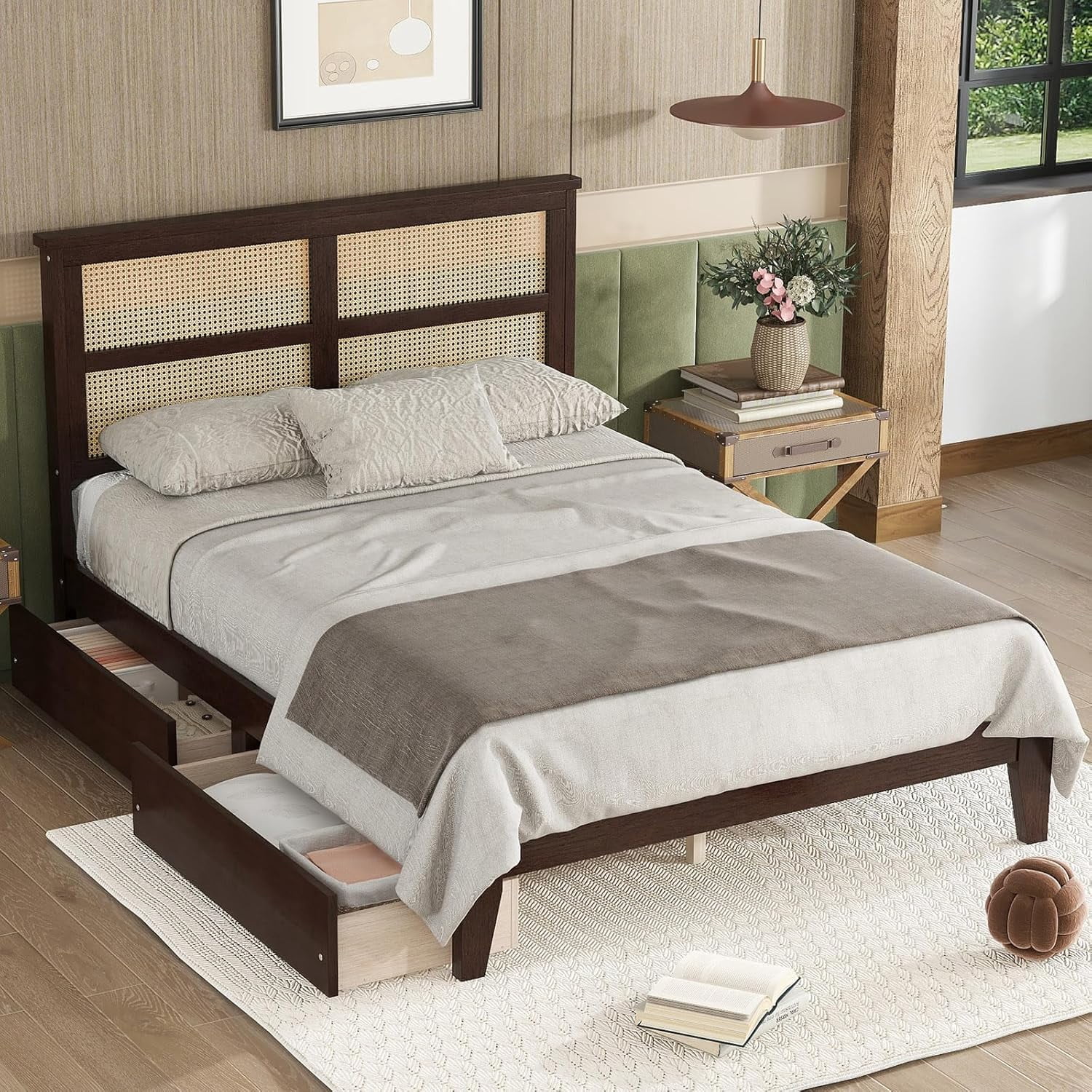 Boho Bed Frame Full with Rattan Headboard, Rattan Bed Frame & Full Beds ...