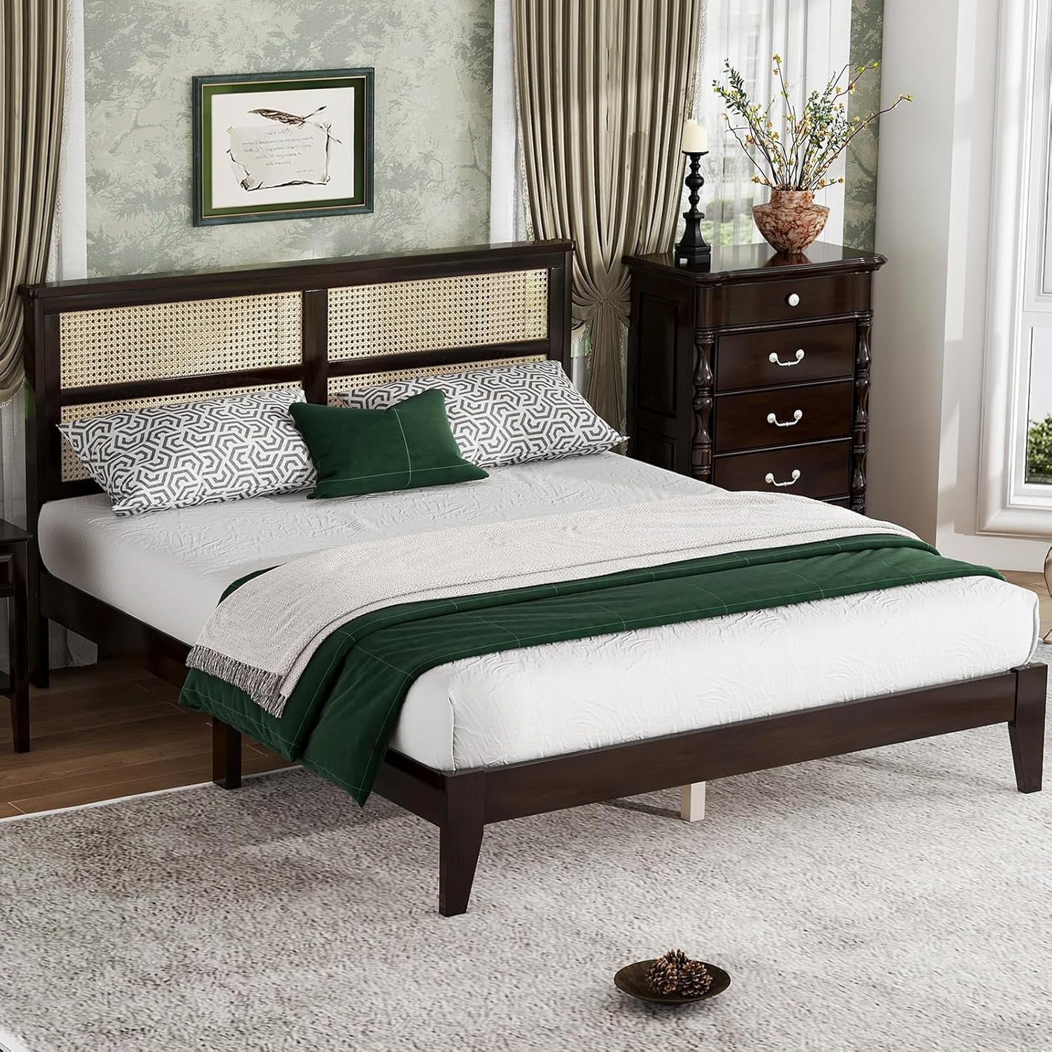 Boho Bed Frame Queen with Rattan Headboard, Rattan Bed Frame&Queen Beds ...