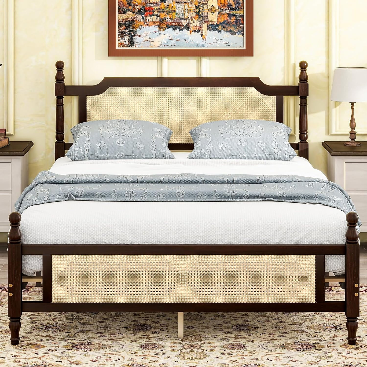 Boho Bed Frame Queen with Rattan Headboard, Rattan Bed Frame&Queen Beds ...