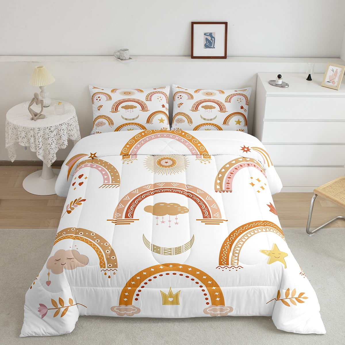 Boho Bedding Cartoon Rainbow Comforter Set Bohemian Sun Cloud and Stars ...