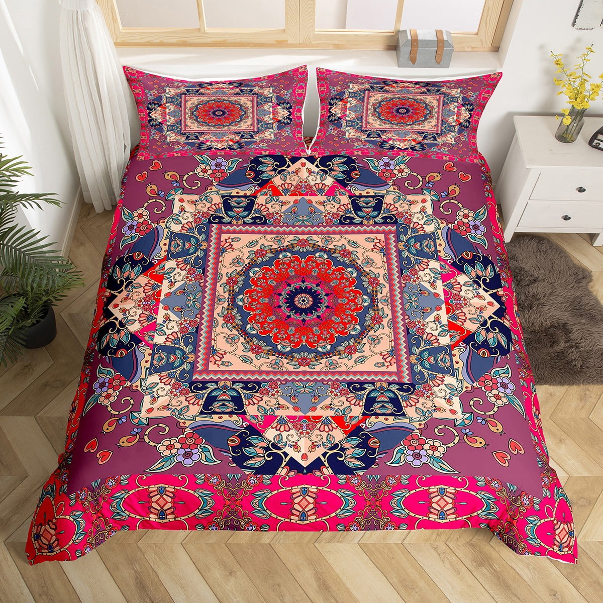 Boho Bedding Set Queen, Red Mandala Duvet Cover For Adult, Retro Floral ...