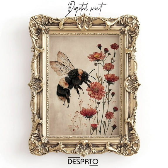 Boho Bee In Red Flower Print, Moody Bumblebee Decor, Botanical Print ...