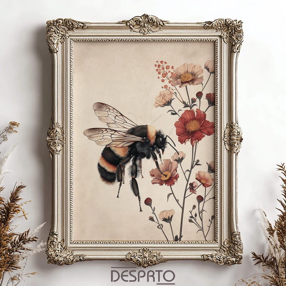 Boho Bee In Red Flower Print, Moody Bumblebee Decor, Botanical Print ...