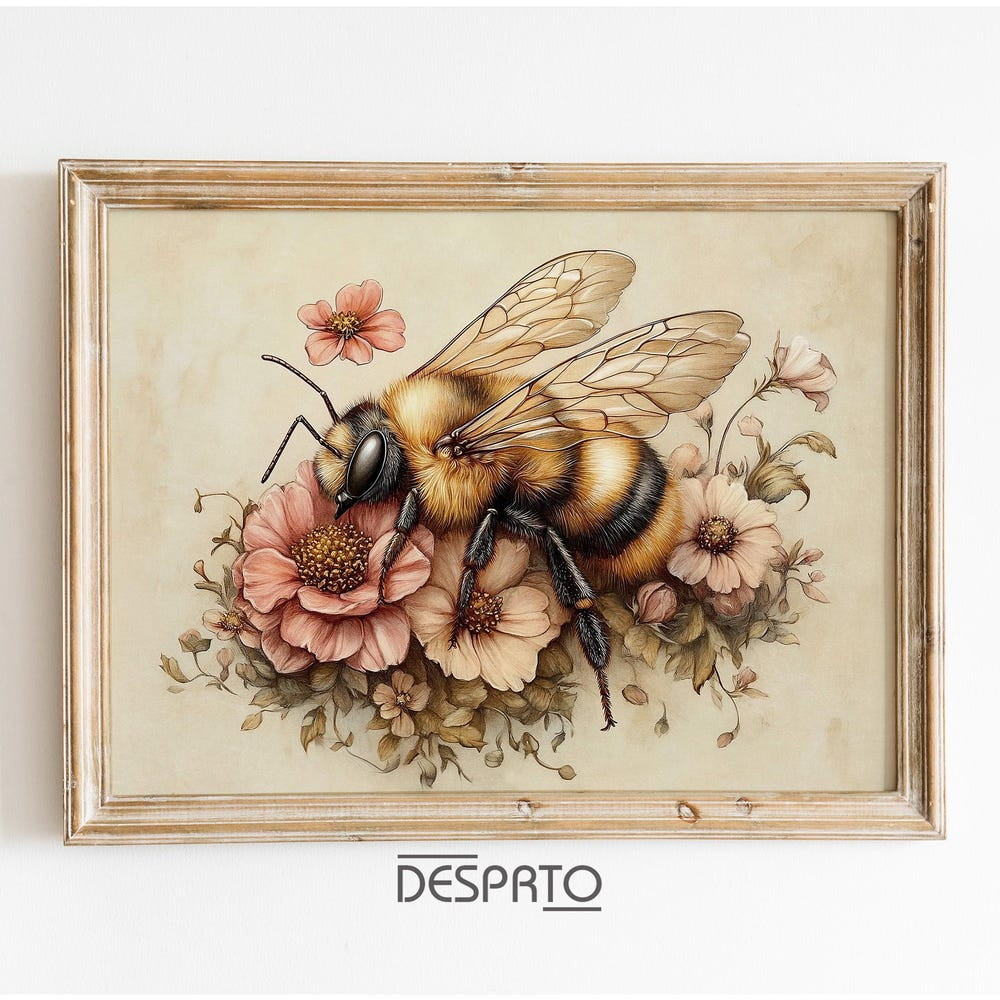 Boho Bee In Wild Flower Print, Moody Bumblebee Decor, Botanical Print ...