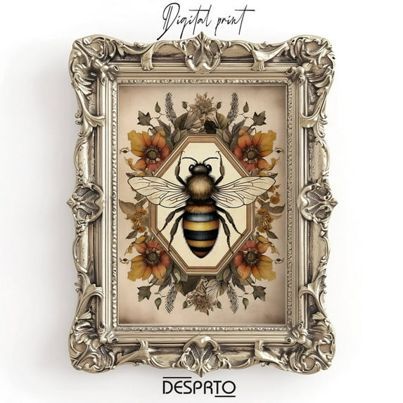 Boho Bee In Wild Flower Print, Moody Bumblebee Decor, Botanical Print ...