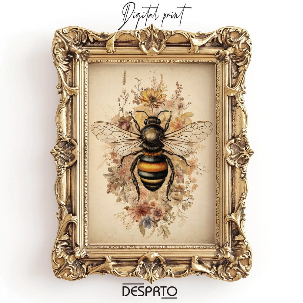 Boho Bee In Wild Flower Print, Moody Bumblebee Decor, Botanical Print ...