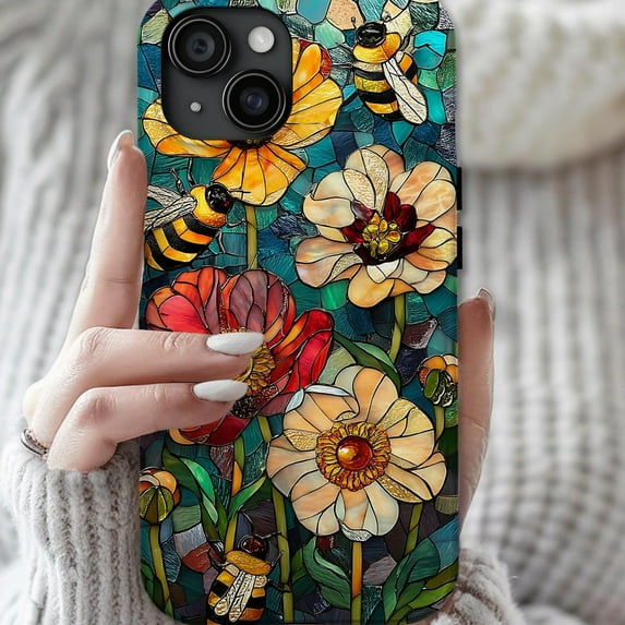 Boho Bee Wildflower Stained Glass Art Case for iPhone 17 to 11 Pro Max ...